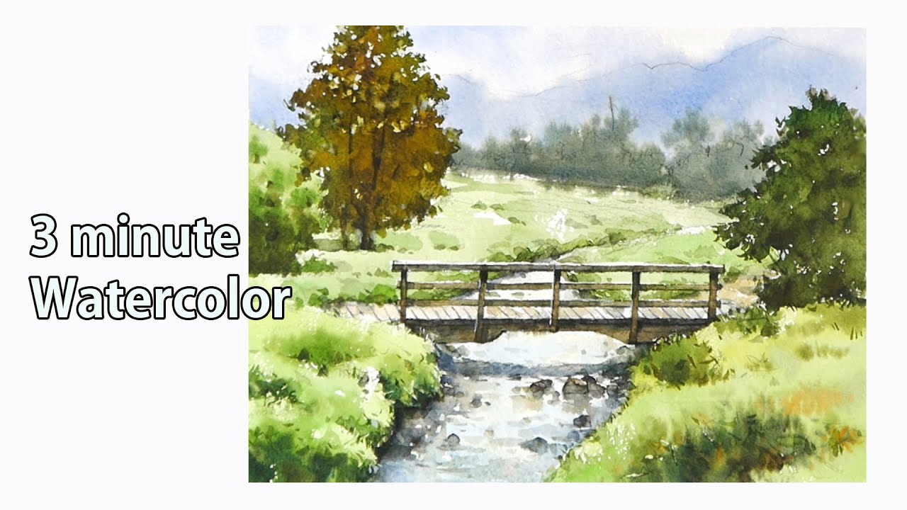 [ 3 minute Watercolor ] Basic Landscape Watercolor - Small Bridge ...