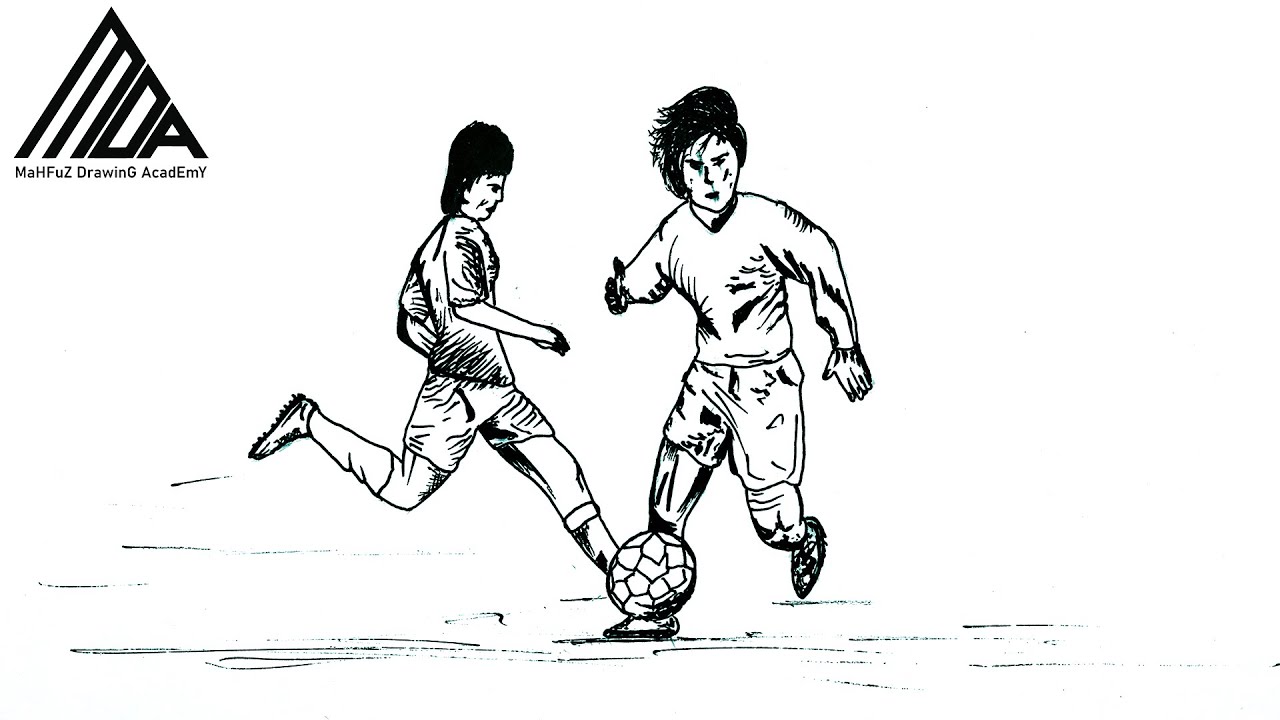 Two Boys Playing Football || Pen Drawing || Football Player Drawing ...