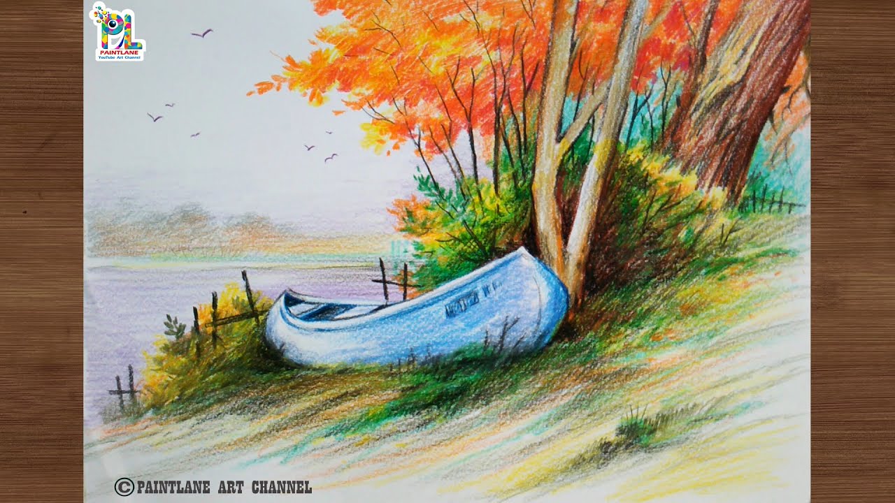 How to draw and coloring scenery art with boat step by step color ...