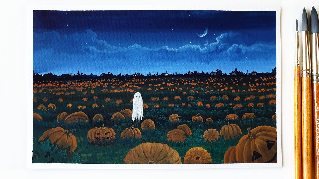 Halloween Night Painting ｜ Poster Color Painting ｜ Pumpkin Patch - YouTube