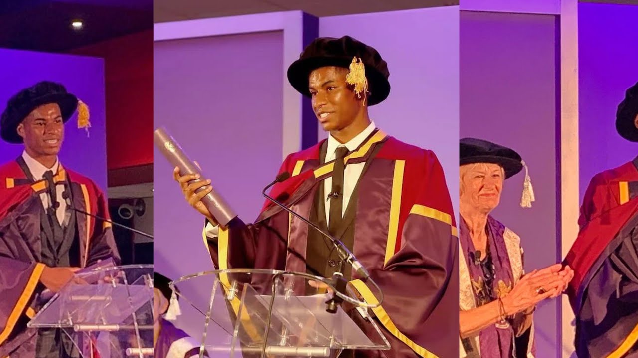Marcus Rashford receiving his Doctorate honours MBE at University of ...