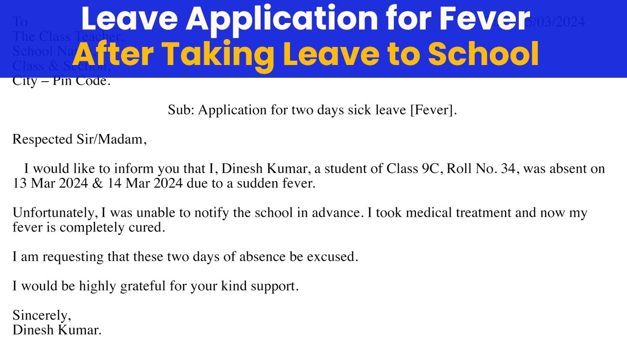 Leave Application for Fever After Taking Leave to the Class Teacher ...