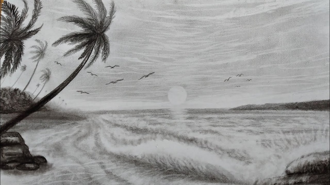 sunset drawing / menggambar pakai pencil, charcoal - YouTube