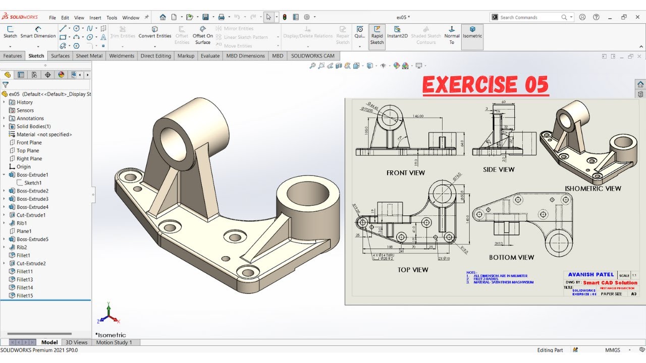 SolidwoTutorial For Beginner Exercise 05// Solidworks tutorial in hindi ...