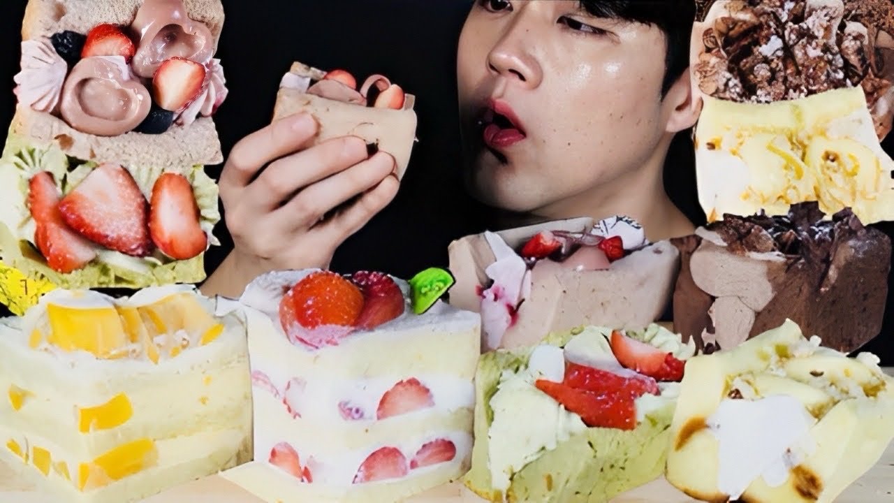 ASMR 달콤한 과일 쉬폰 산도 조각 케이크 디저트 먹방!! Fruit Kream Sand Cake Dessert Mukbang ...