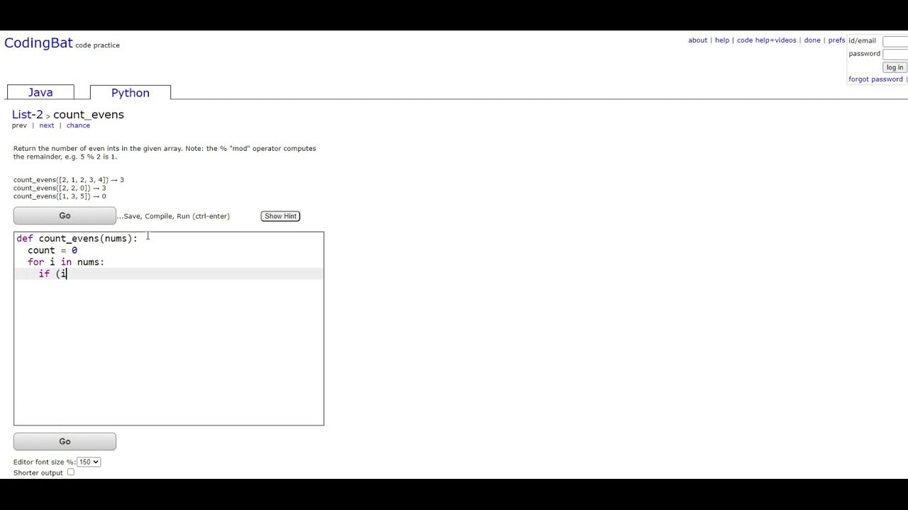 List-2 (count_evens) Python Tutorial || Codingbat.com - YouTube