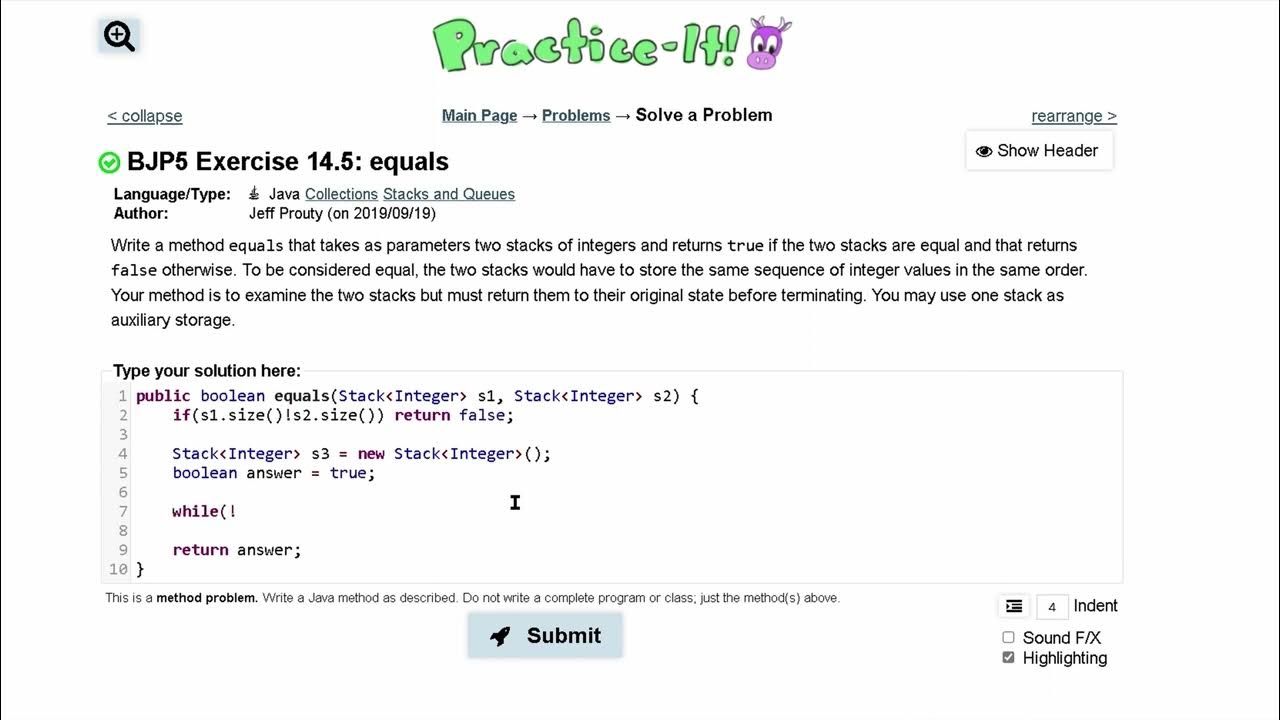 Java Practice It | Exercise 14.5: equals | Collections, #stacks and #queues , stacks, queues ...