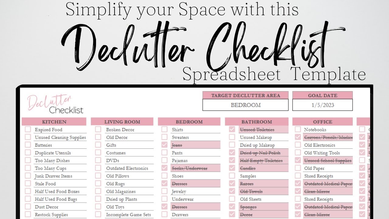 Declutter Checklist Room by Room Excel Spreadsheet, Declutter Challenge ...