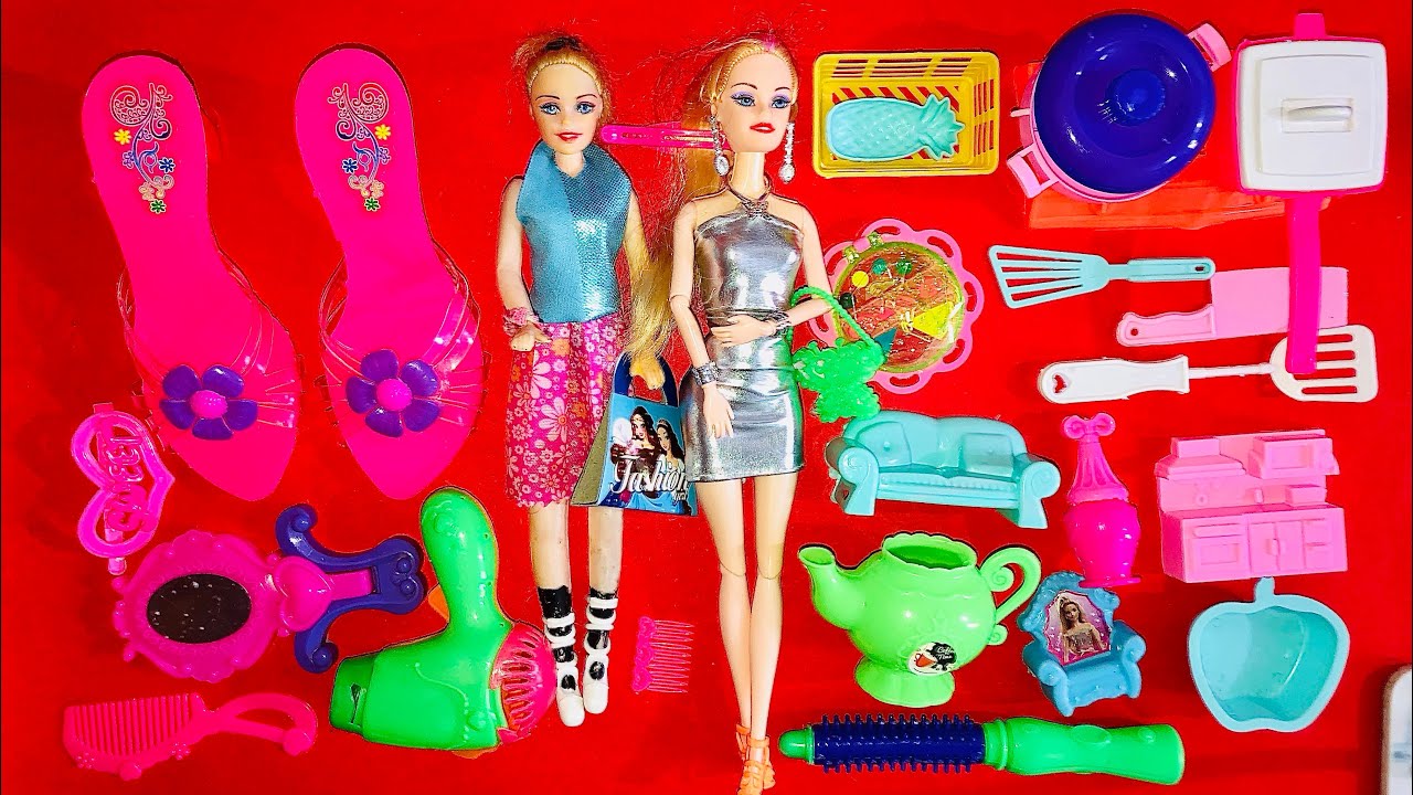 Barbie doll kitchen set || barbie doll makeup set - YouTube