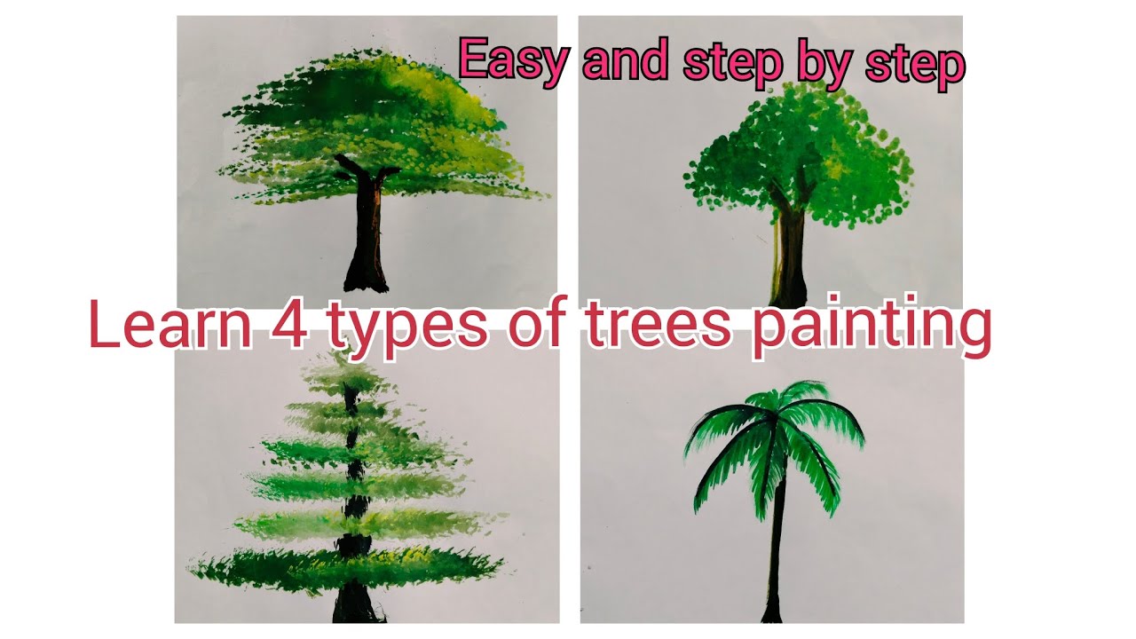 how to paint a tree easy way 4 types of trees in one video #painting acrylic painting basic ...