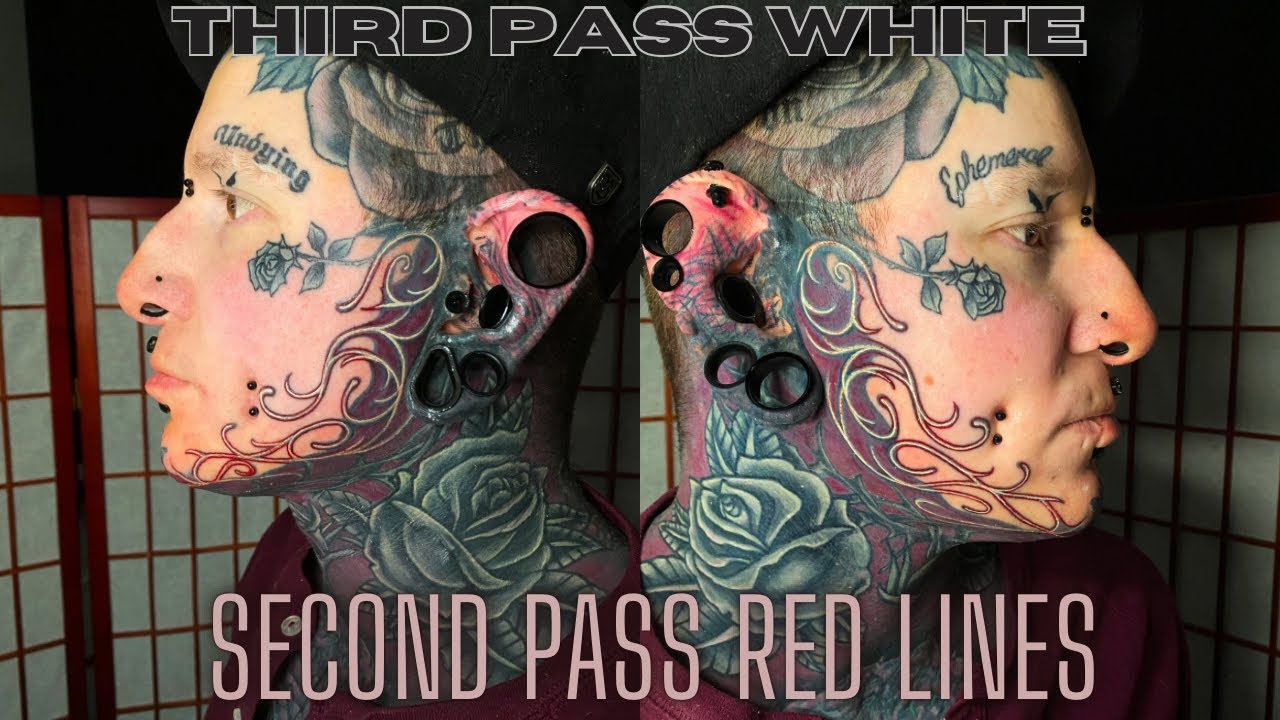 Third pass white, and second pass red on black face tattoos - YouTube