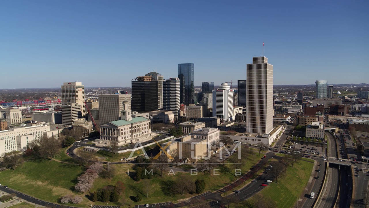 5.7K aerial video of the Tennessee State Capitol, Tennessee Tower near ...