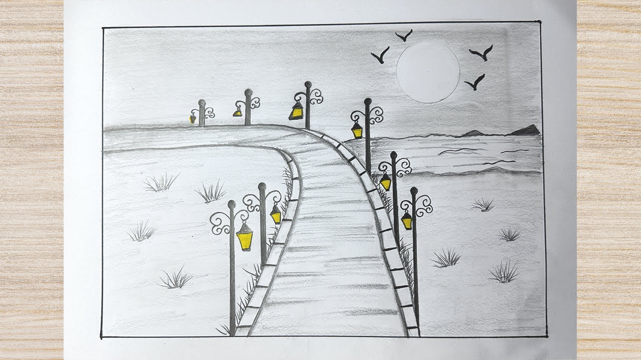How To Draw Moonlight Beach Road | Pencil Sketch Night Scenery Tutorial ...