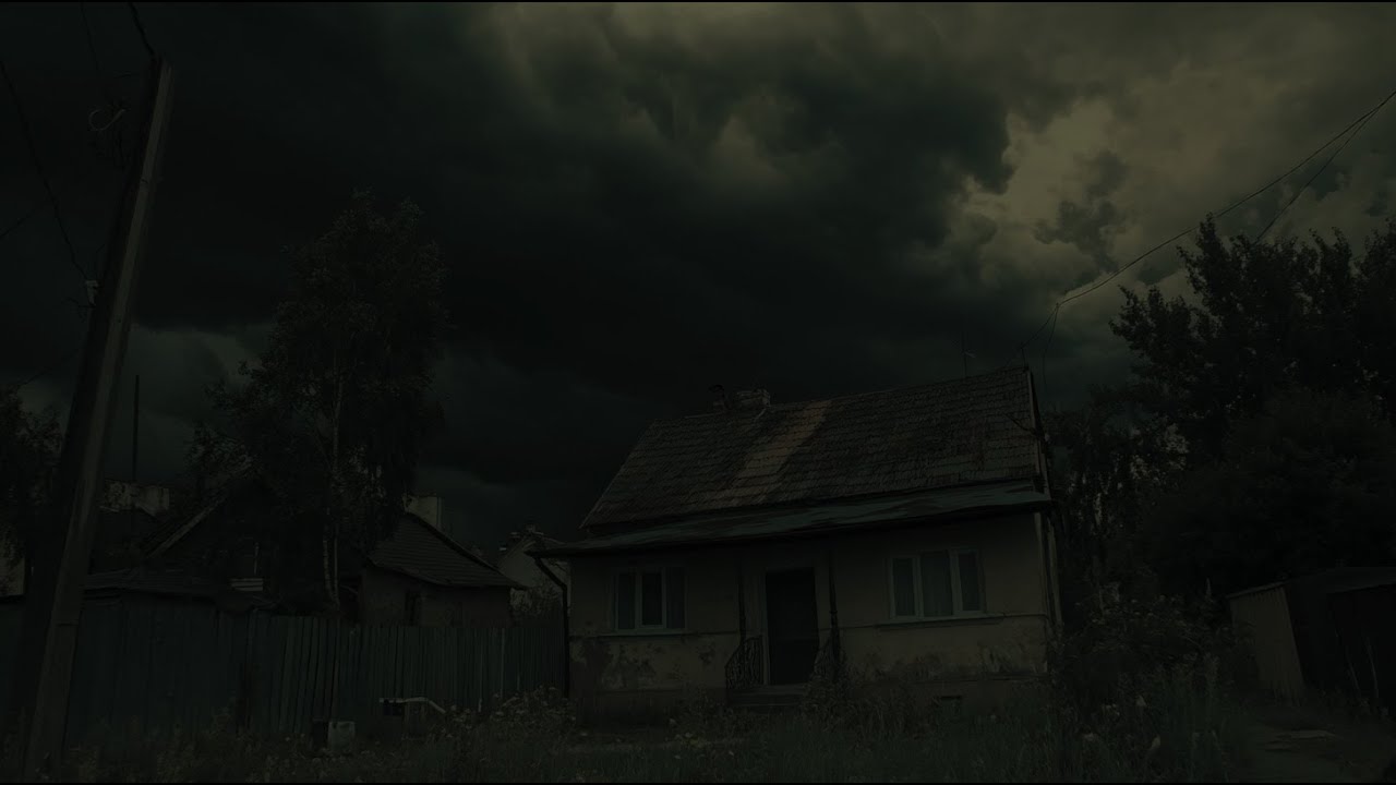 Old House In The Storm, A Wide Grass-Filled Yard In The Wind And Heavy ...