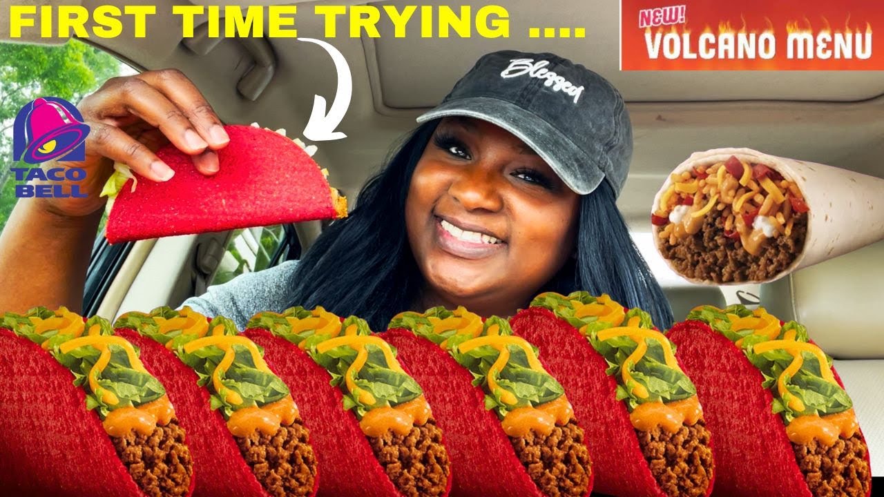 TACO BELL'S NEW VOLCANO MENU REVIEW !! TACO + BURRITO MUKBANG - YouTube