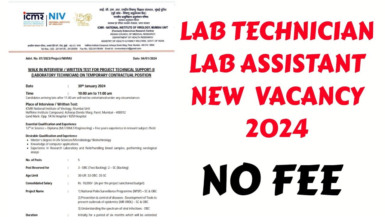 ICMR NIV LAB TECHNICIAN NEW VACANCY 2024|| LAB ASSISTANT,LAB TECHNICIAN ...
