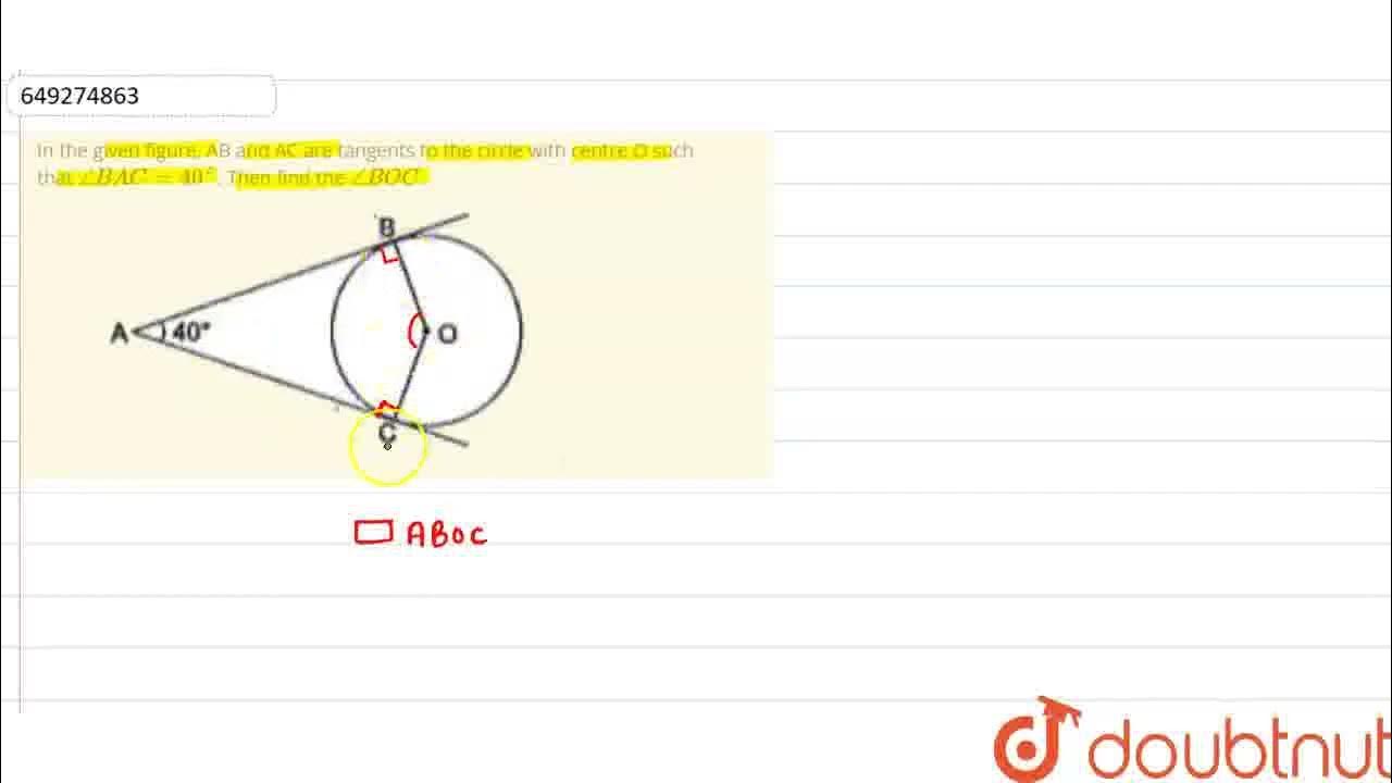 In the given figure, AB and AC are tangents to the circle with centre O such that angleBAC = 40 ...
