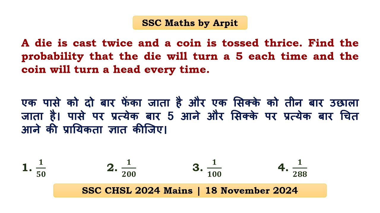 A die is cast twice and a coin is tossed thrice. Find the probability ...