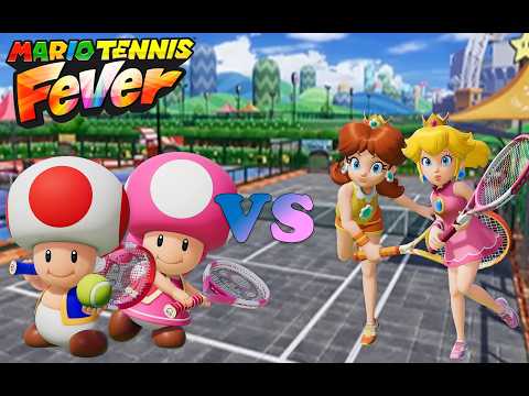 Mario Tennis Fever - Toad & Toadette vs Peach & Daisy - Academy Court (Brick)