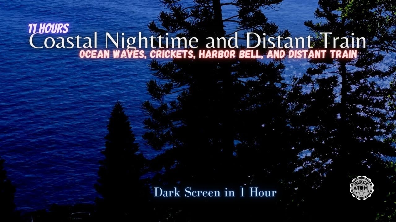 🌊 Coastal Nighttime Ambience and Distant Train ⨀ 11 Hours - Dark Screen ...