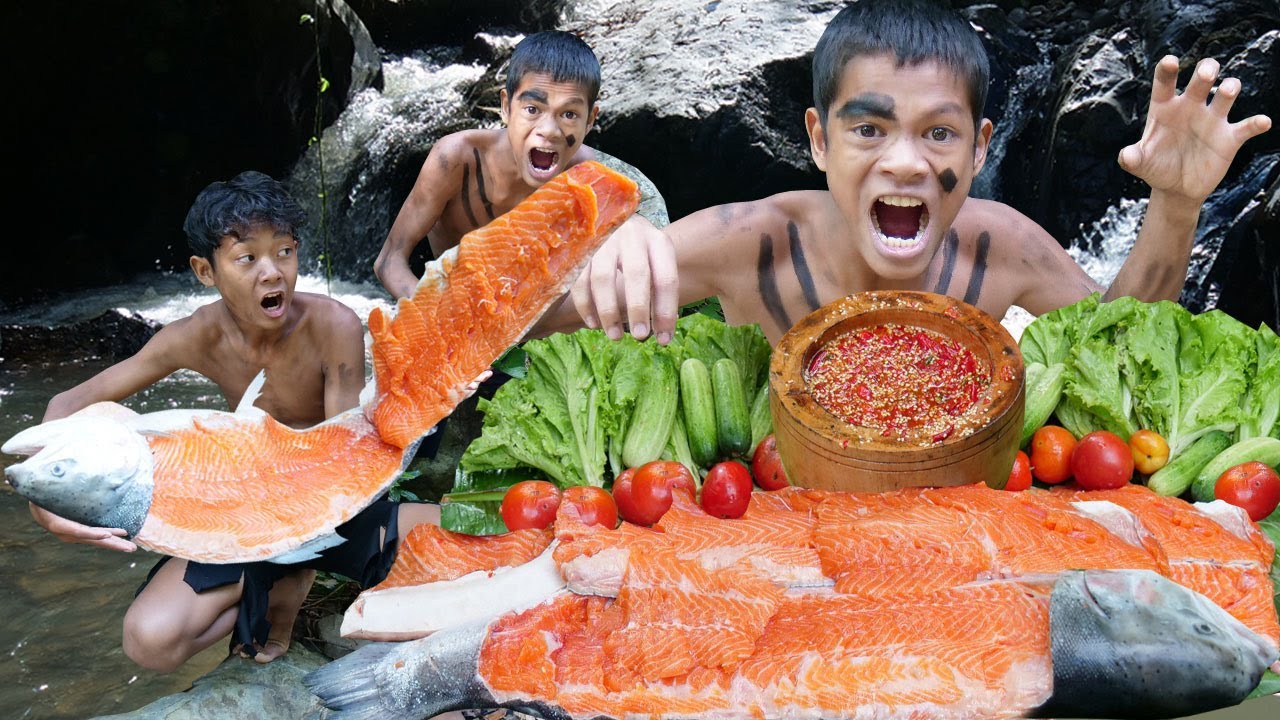Primitive Technology - Eating Salmon Fish So Delicious At The Waterfall ...