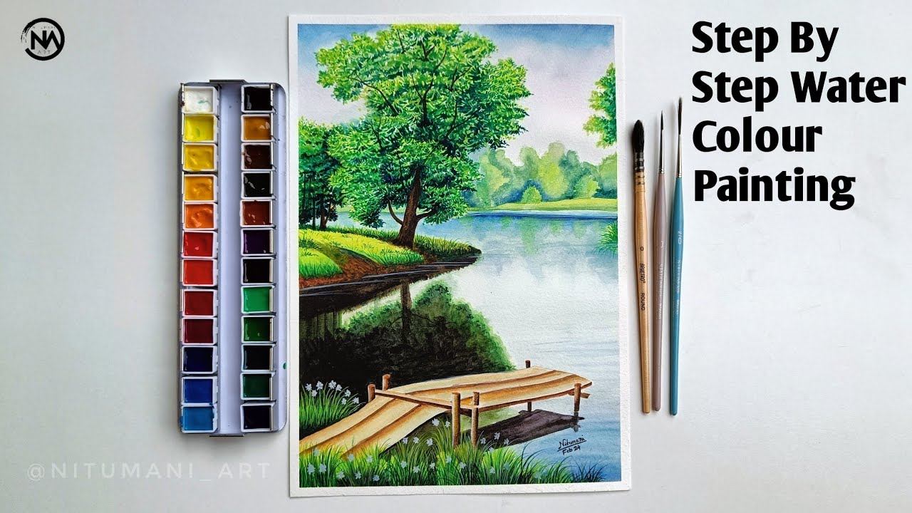 River side scenery drawing with wooden bridge/ Step by step tutorial ...