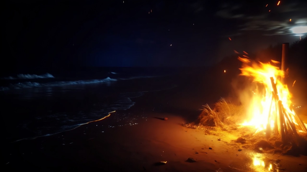 5 Minute Ocean & Fire Ambience – Real Crackling Bonfire at Night (4K ...