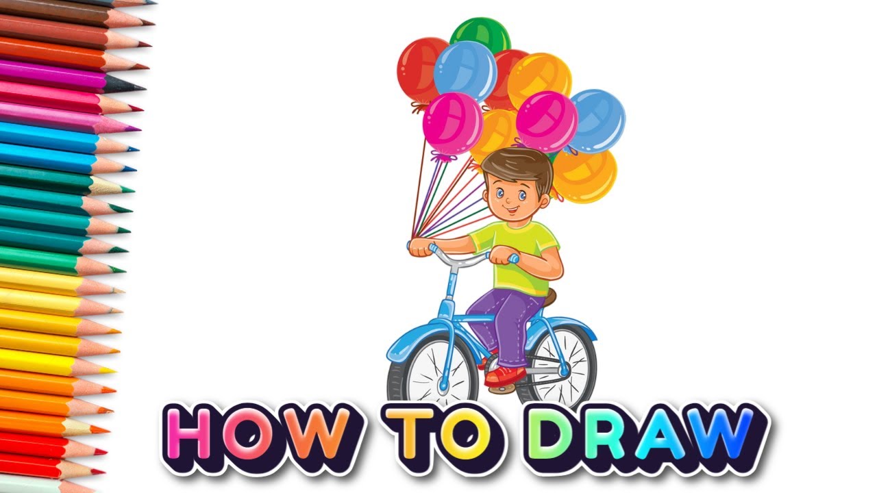 How to draw Boy cycling with balloons | Boy cycling scenery drawing ...