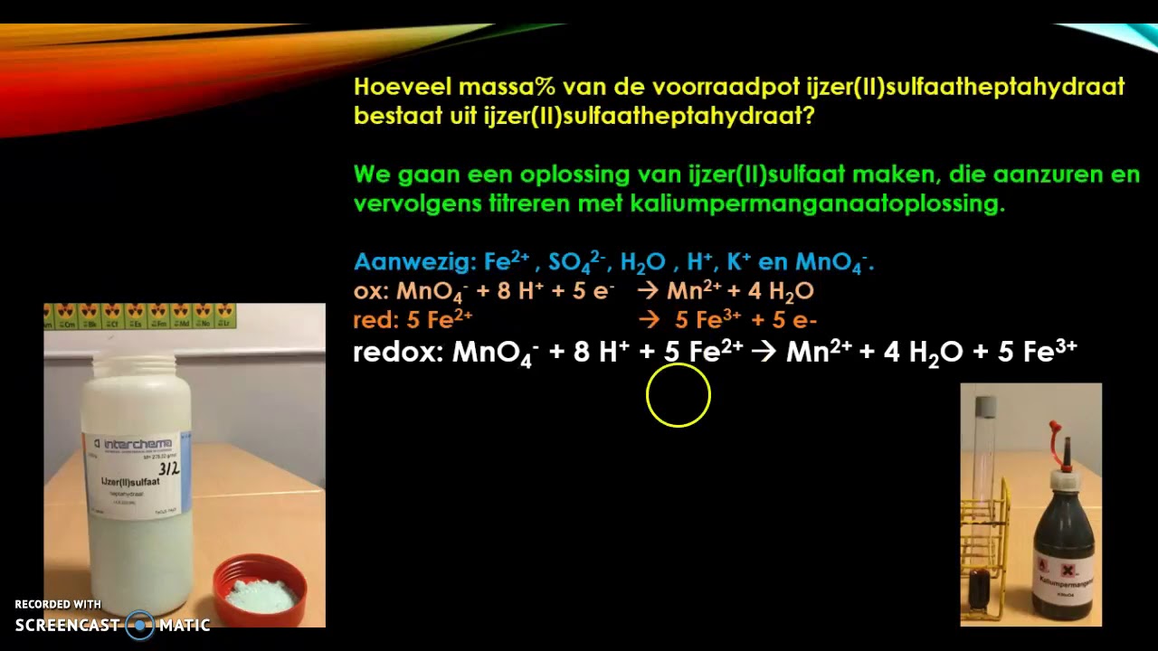 Titratie aangezuurde ijzer(II)sulfaat en kaliumpermanganaat. - YouTube