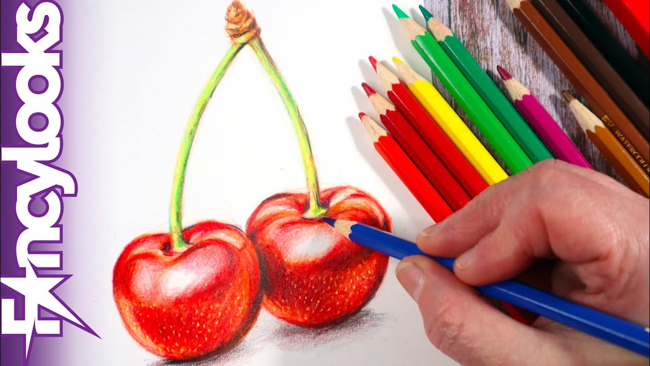 Cómo dibujar fácil: Cerezas realistas 🍒 a lápices de colores - YouTube