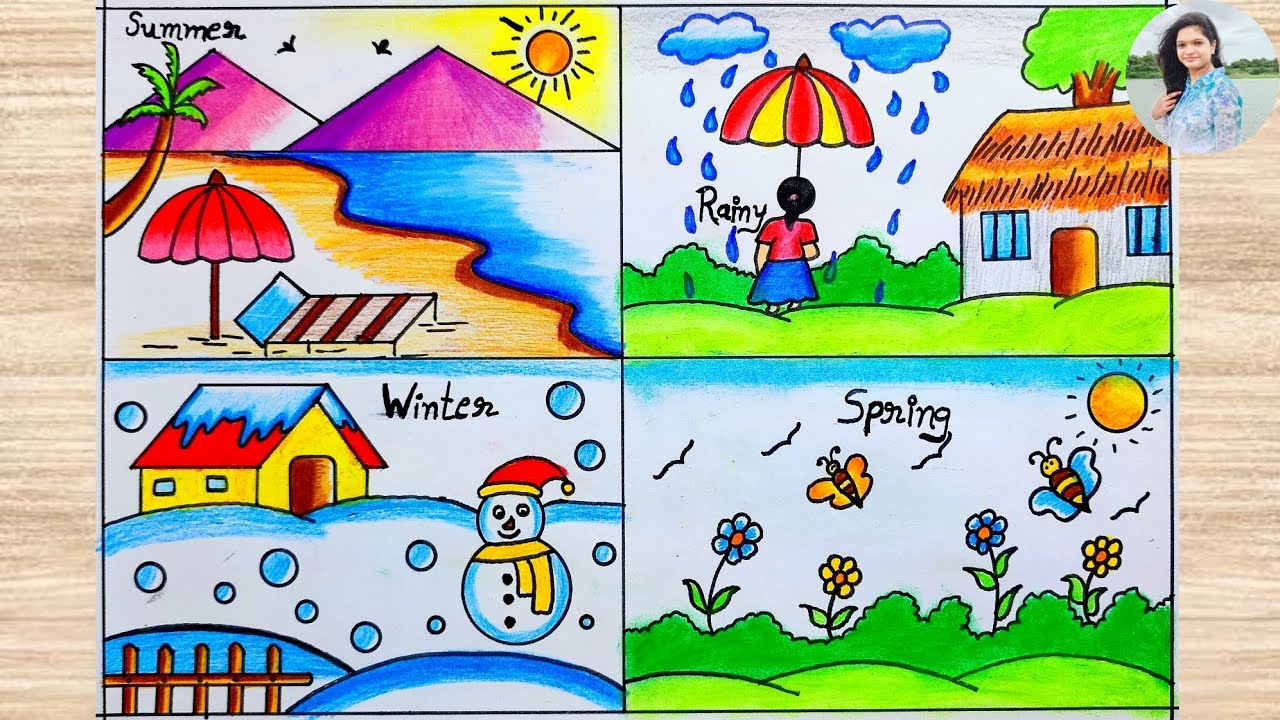 4 Types of Season Drawing |Summer-Winter-Rainy-Spring Season Drawing ...