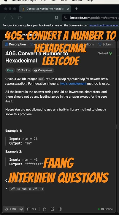 Leetcode 405 Convert A Number To Hexadecimal Leetcode Python Faang Codinginterview Youtube 