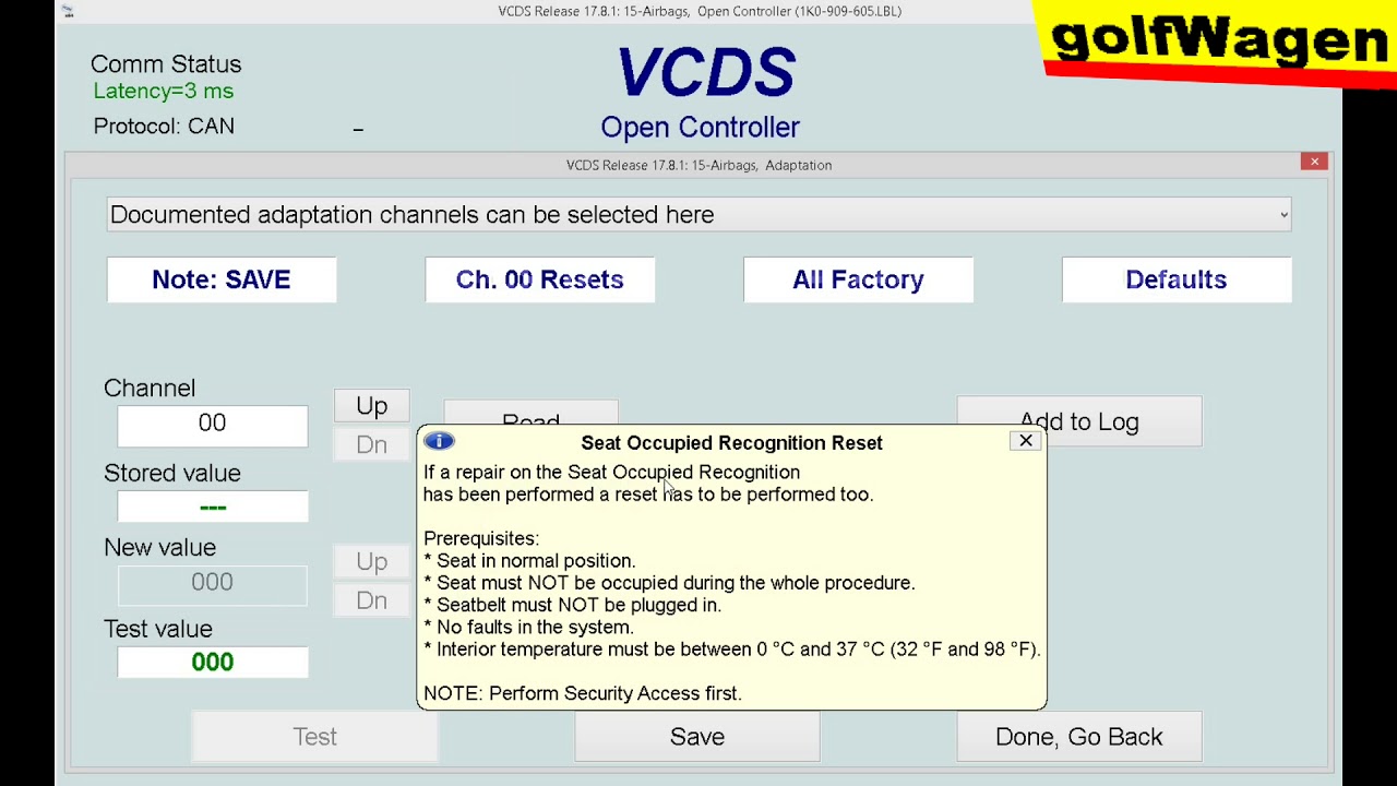 VCDS VAG seat occupied sensor reset on Seat, VW, Audi, Skoda /CAN ...