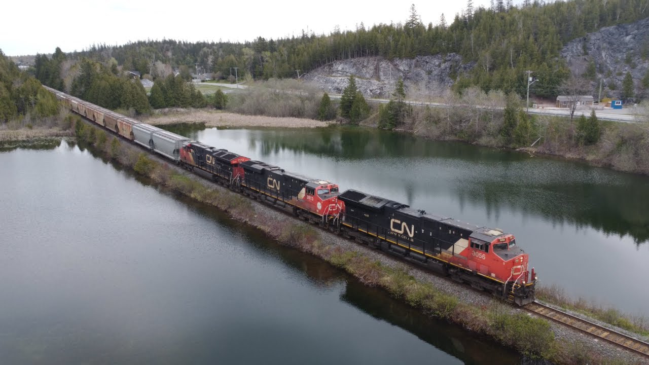 Awesome Aerial 4K View! Long Potash Train CN 596 Extra Splitting Small ...