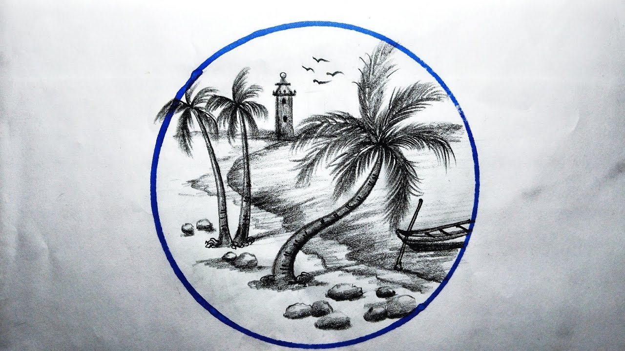 A beautiful sea beach scenery drawing. - YouTube