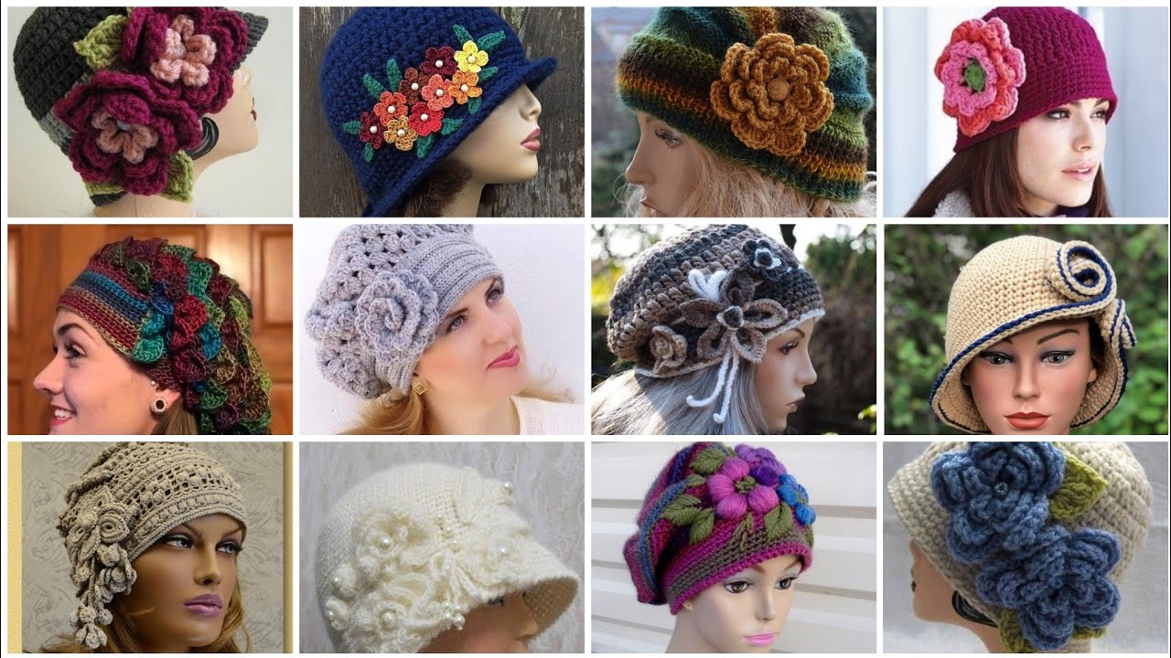 Hand Knitted Crochet Woolen Women's Caps And Hats With Applique Flowers ...