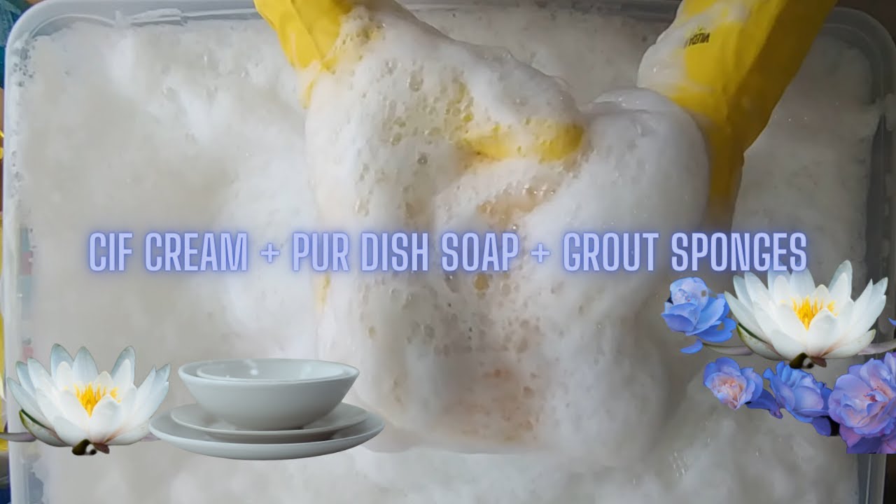 asmr | 💙☁️ cif cream + pur dish soap + four grout sponges 🤍🧽 | creamy ...
