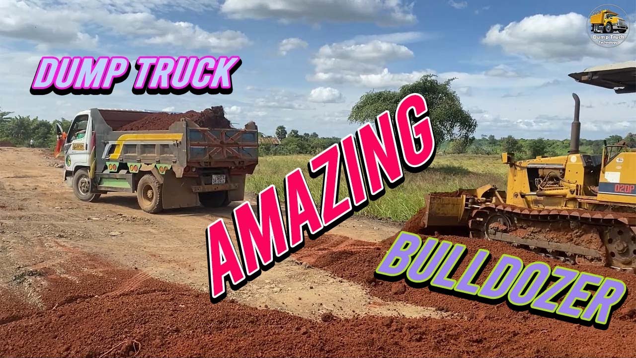 Bulldozer Pushing Dirt with Dump Truck Unloading Dirt - YouTube