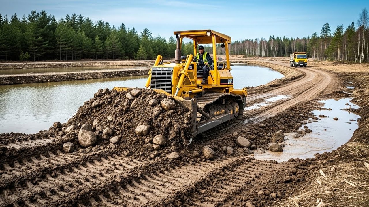 Bulldozer Struggling Through Deep Mud! Amazing Road Build Across Water ...