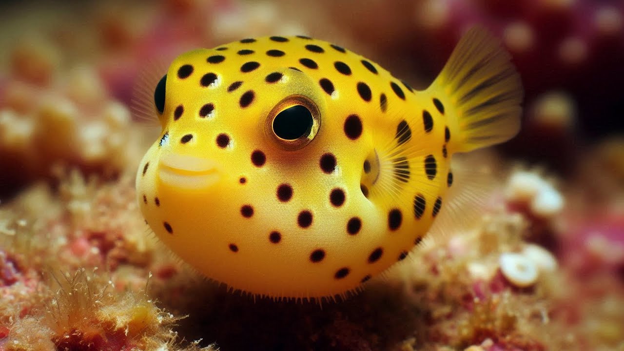 Juvenile yellow boxfish (Ostracion cubicum) swimming movements close-up ...