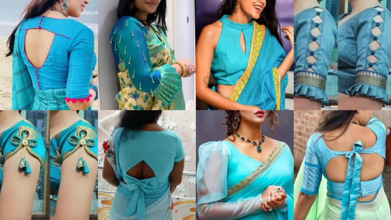 sky blue colour blouse design back side// sky blue blouse designs ...