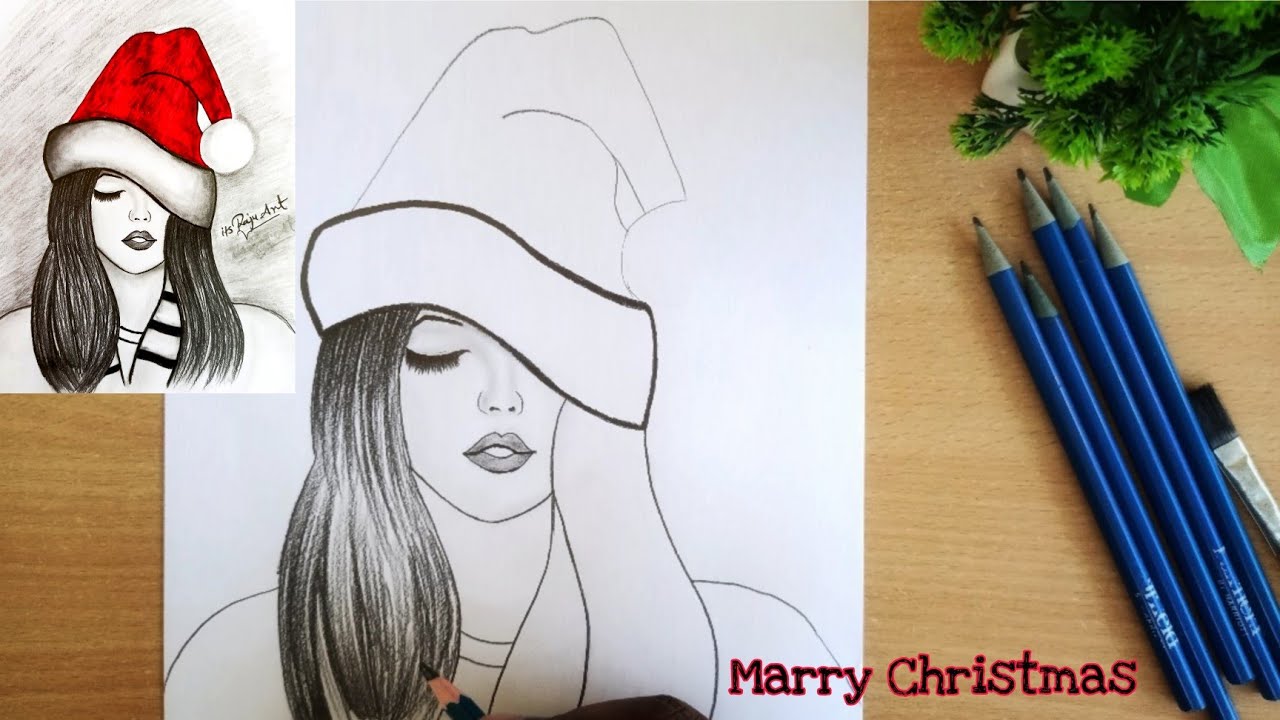 Beautiful Girl in a Santa Hat 🎅 || Christmas Girl Drawing 🎨 # ...