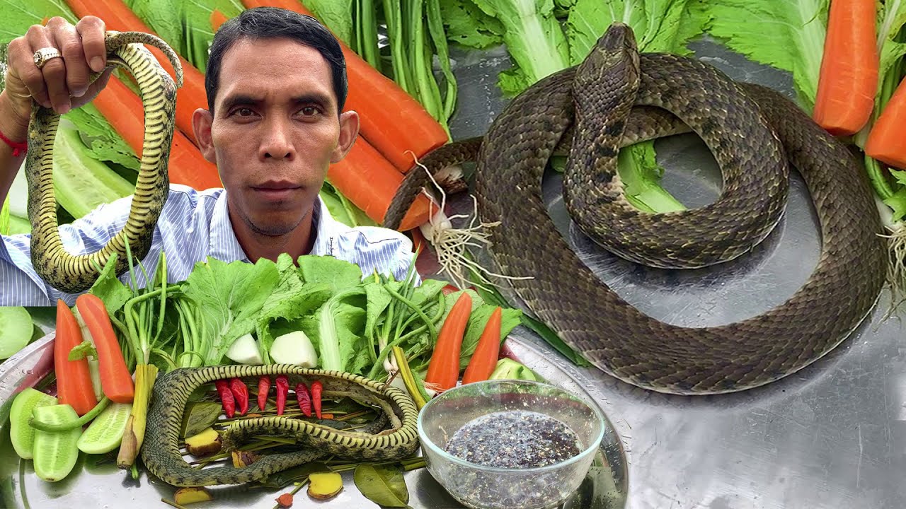 ហូបពស់ចំហុយបន្លែគ្រប់មុខជាតិ | Yummy Steamed Snake Eating with ...