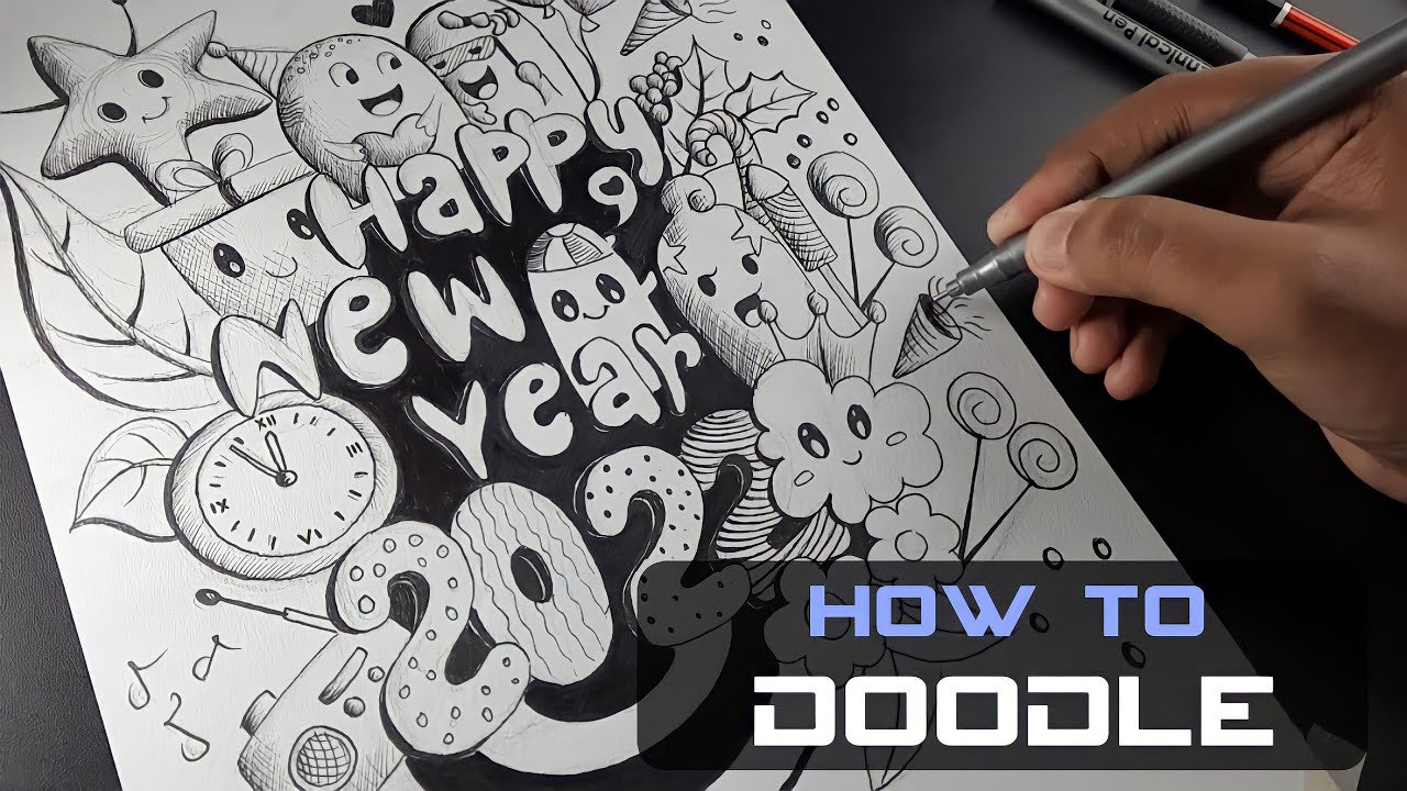Happy New Year Drawing, Doodle Art, Doodles Art For Beginners | Step by ...