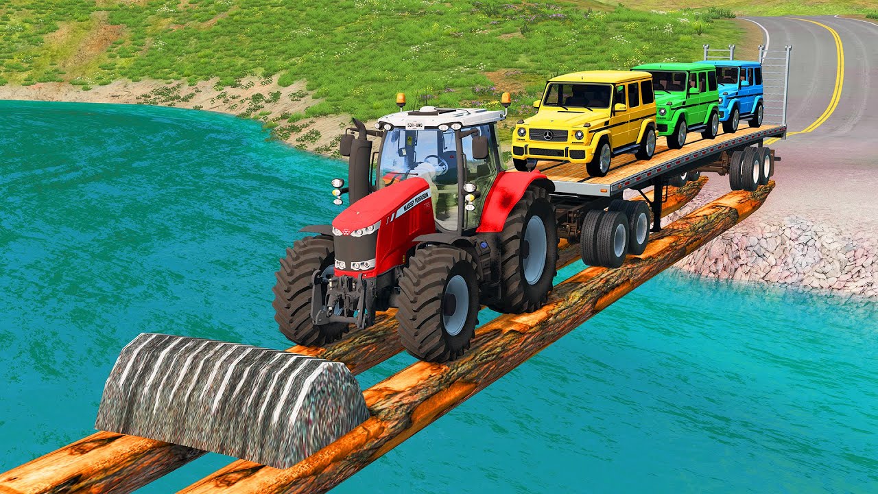 Double Speed Bumps Log Bridge Trailer Tractor Car Rescue Cars vs Deep ...