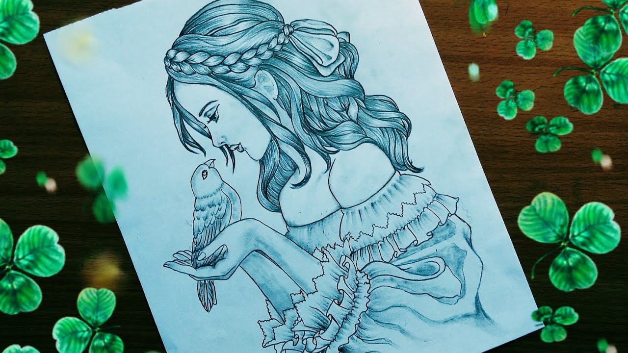 How to draw a girl with bird | Girl's sketch - YouTube