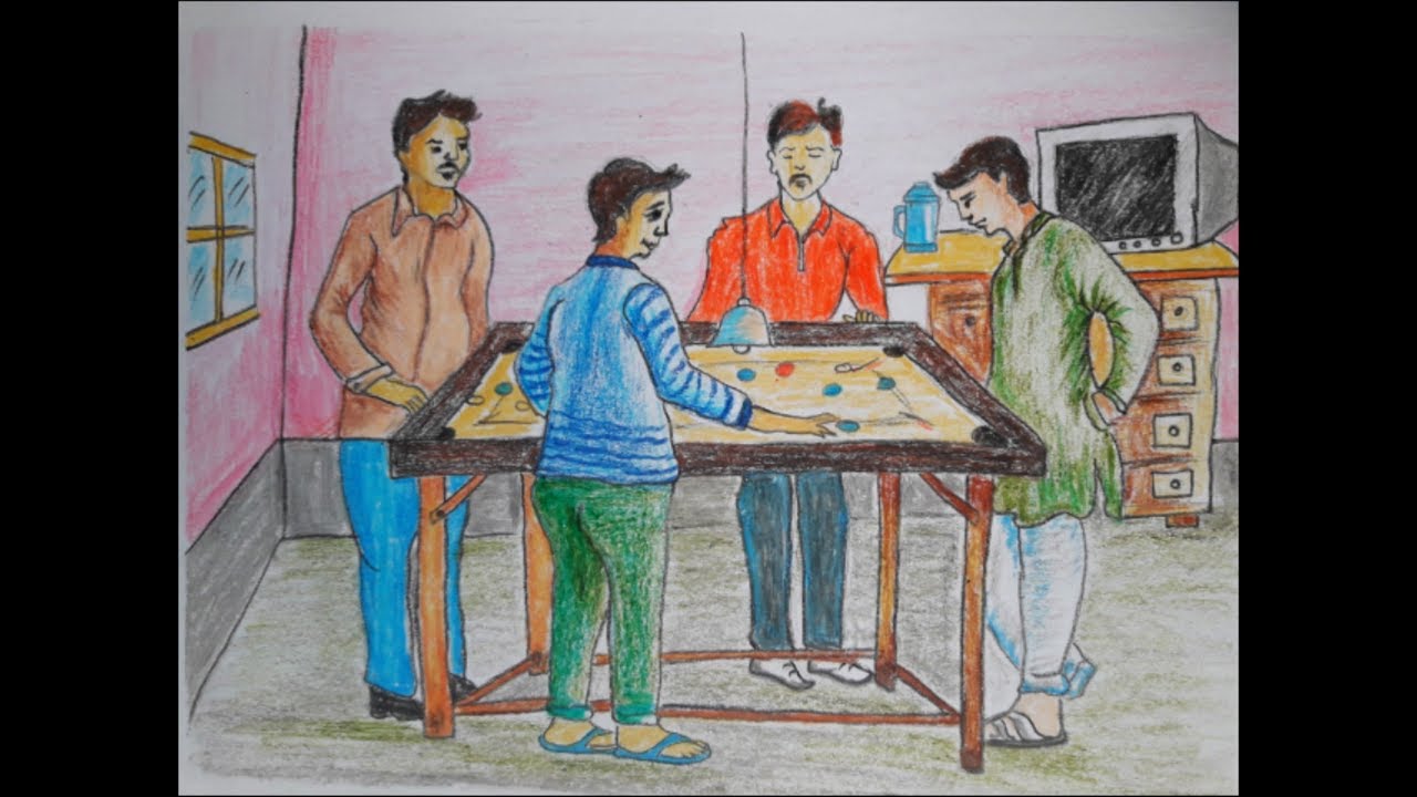 Carrom Board Playing Drawing||Indoor Game Drawing Step by step for ...