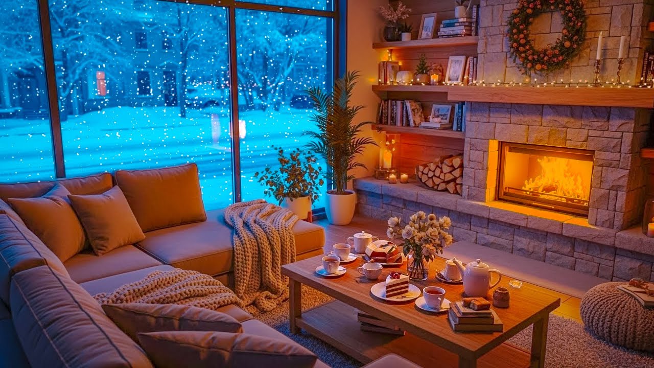 Snowy Night Fireplace Lounge 🔥 Soft Jazz Music for Calm Reading ...