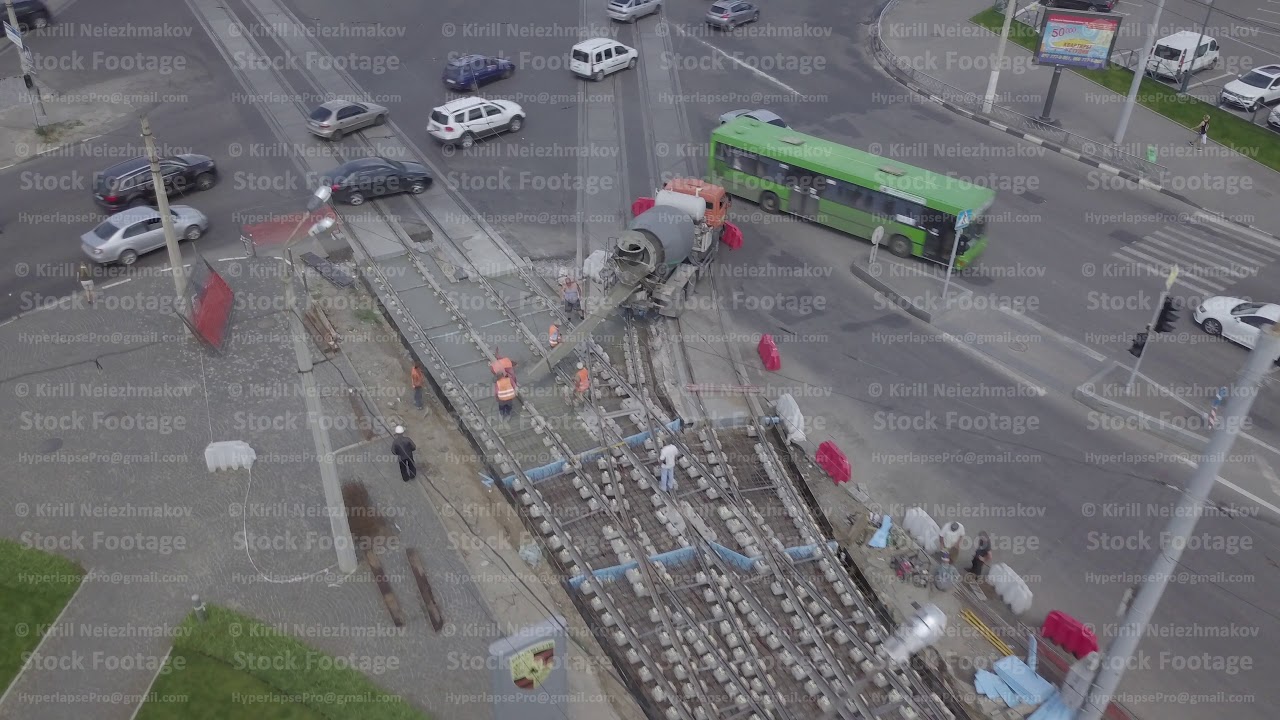 Road reconstruction with tram rails intersection, construction site ...