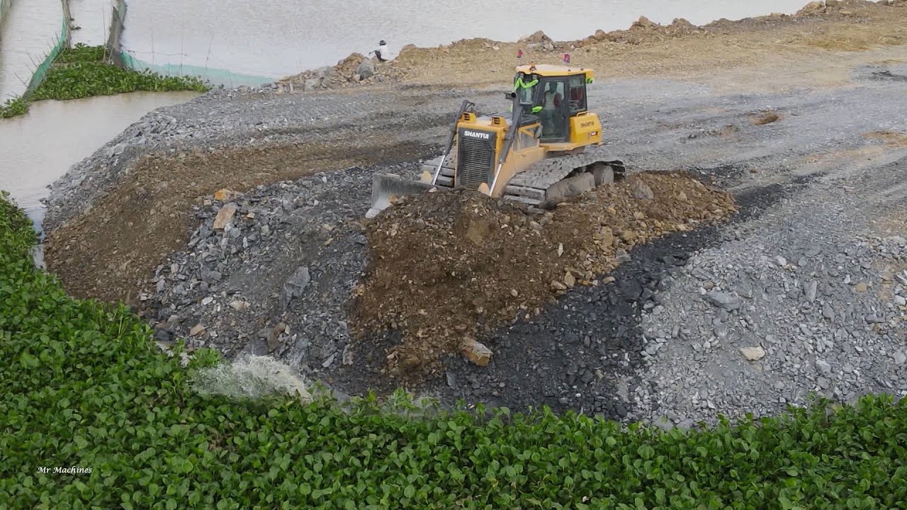 Great Skilled Driver of Bulldozer Operator Spreading Dirt Rock with ...